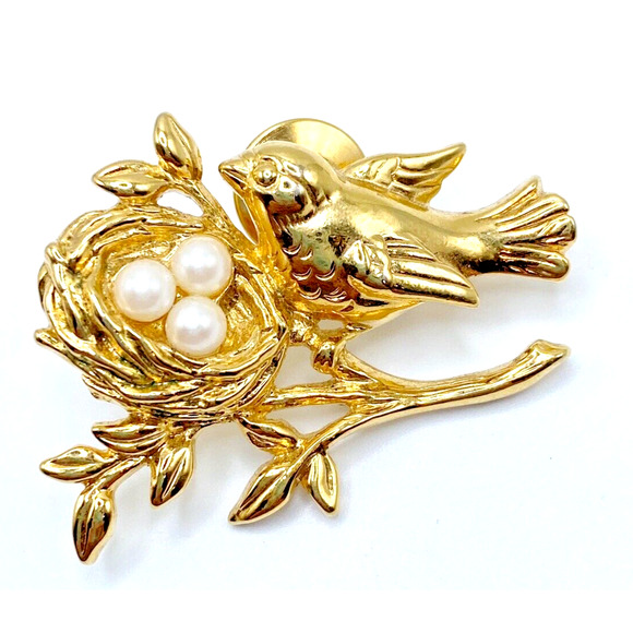 Avon | Jewelry | Vintage Avon Bird Nest Lapel Pin Gold Tone Faux Pearl ...